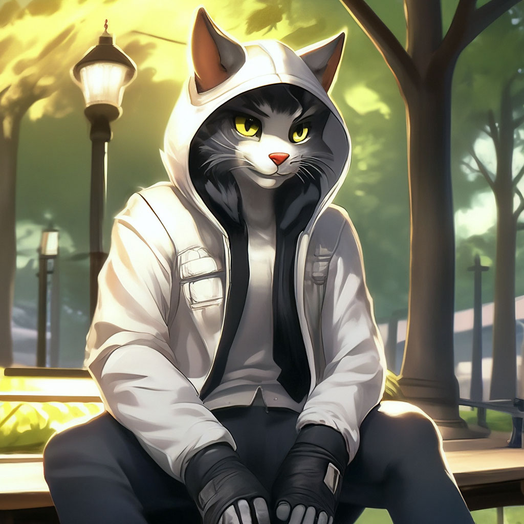 "Furies cat,male, sitting on a bench in the park, white hoodie, black ...