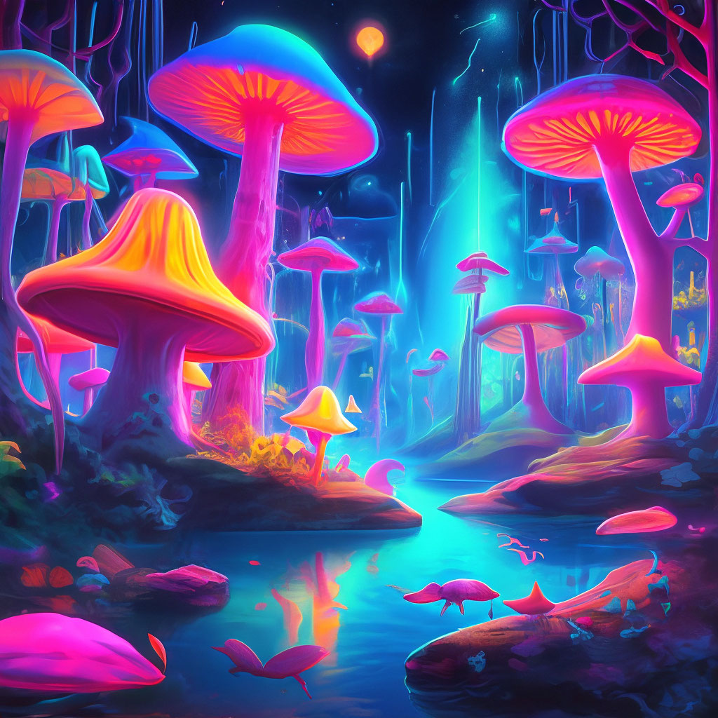 "Neon forest with mythical creatures . bright colors are everywhere . a ...