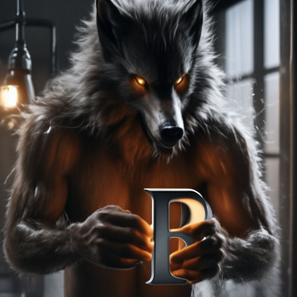 "A werewolf washes in the shower,holds the letter B light in his hands ...