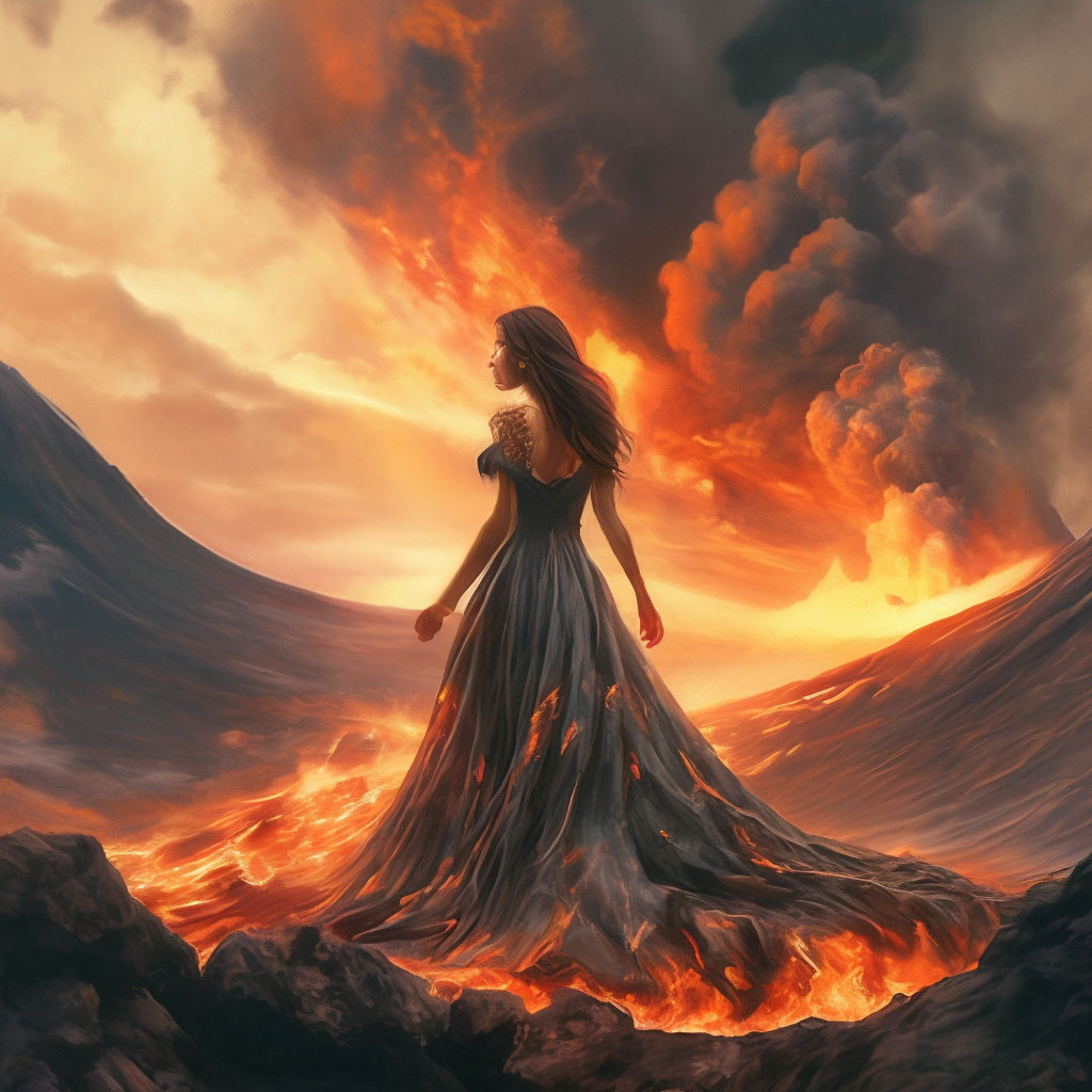 "Beautiful girl in a dress from a volcanic eruption with merging music ...