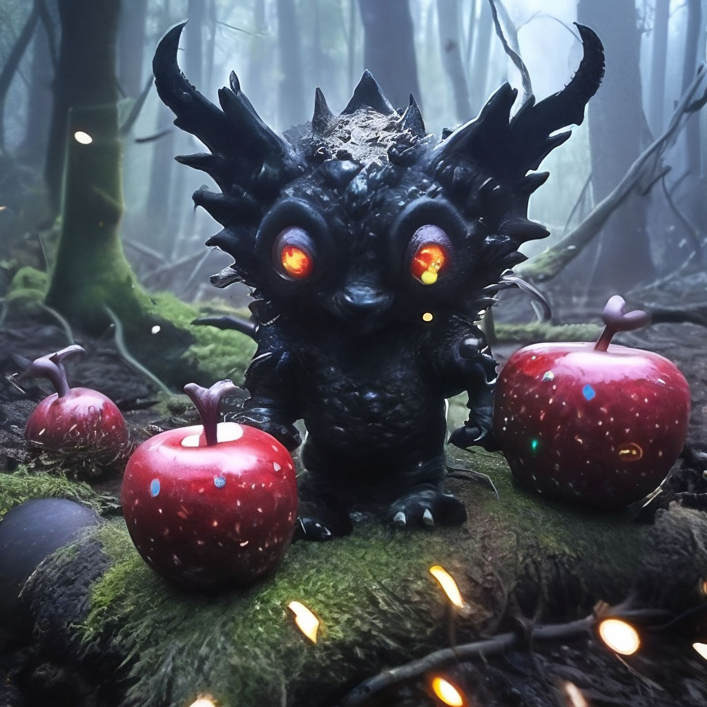 "Black demon apples anthropomorphic,huge eyes, fog, mysticism,fantasy ...