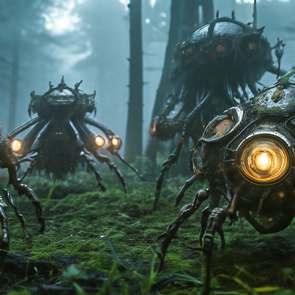 "Filigreed detailed creatures in a forest clearing on a dark night ...