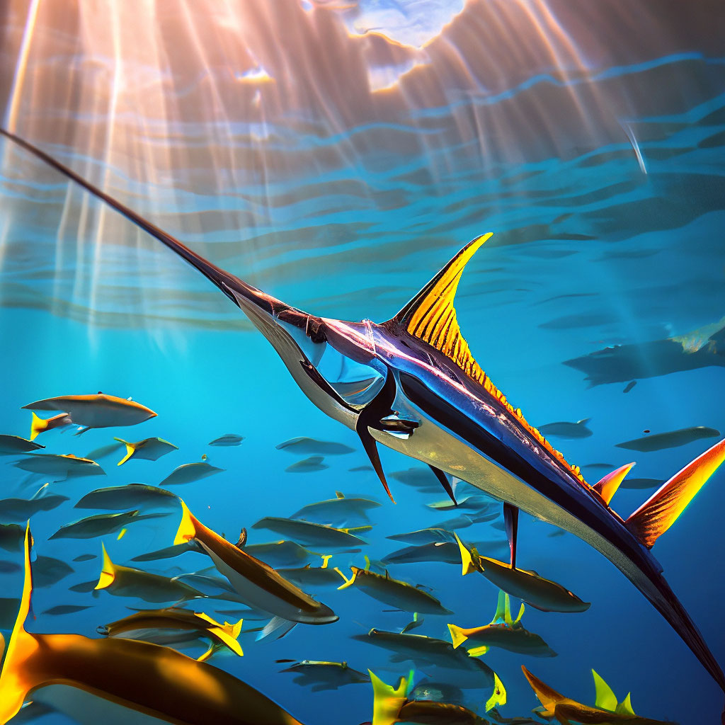 "Swordfish 🌊🗡️ Swordfish among small fish, in the style of a ...