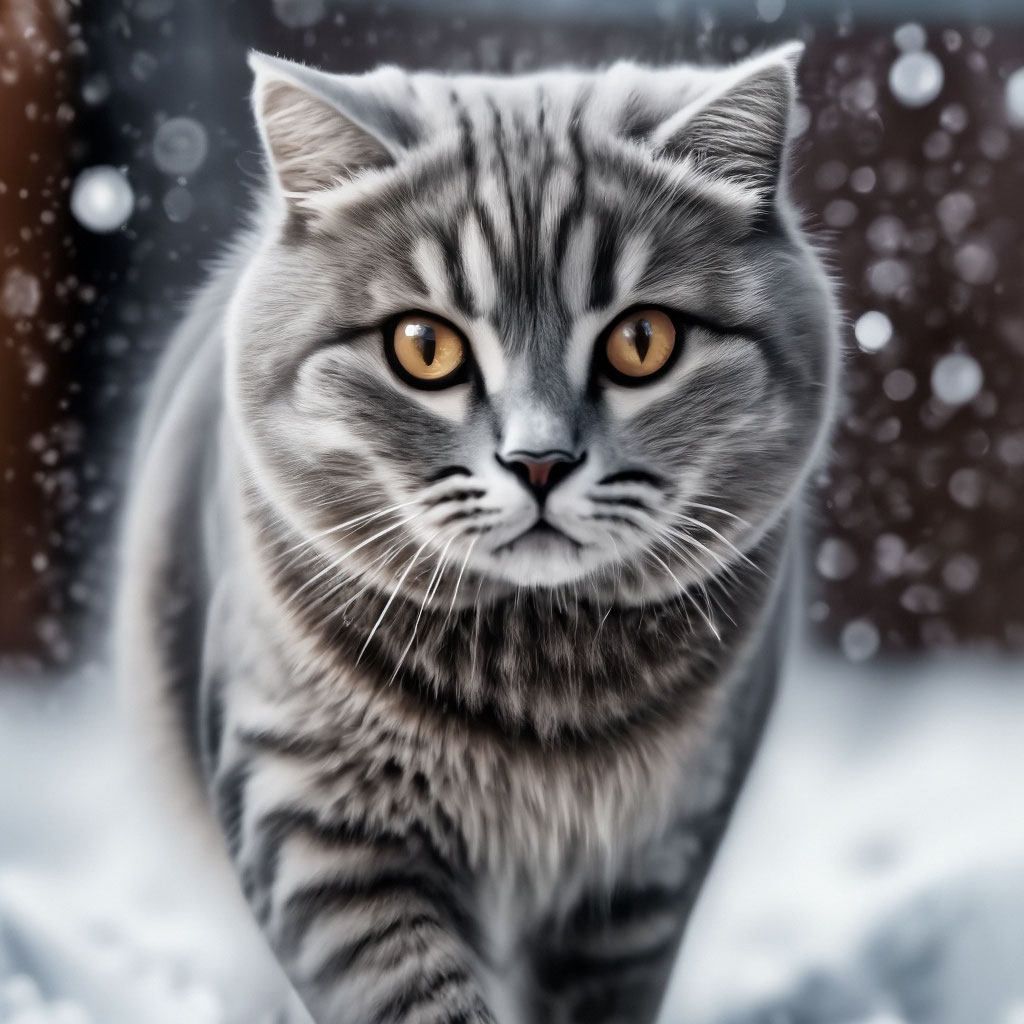 "Grey cute Scottish cat is walking in the snow, it's snowing, it's ...