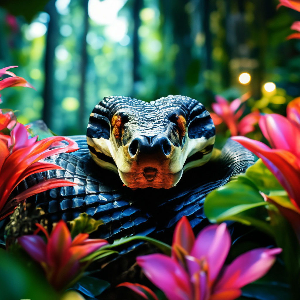 "Morning, jungle, exotic flowers, huge snake, scales clearly drawn ...