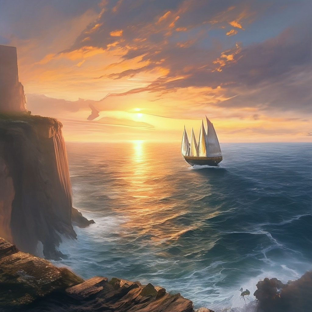 "View from the cliff to the sea. The sunset is visible and a ship ...
