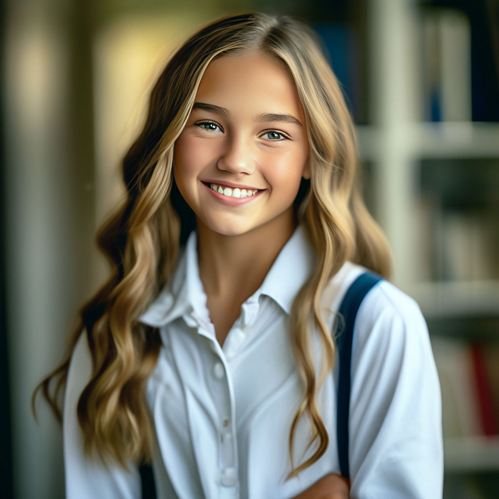 "Modern girl, schoolgirl, 9th grade, natural relaxed pose, smile ...