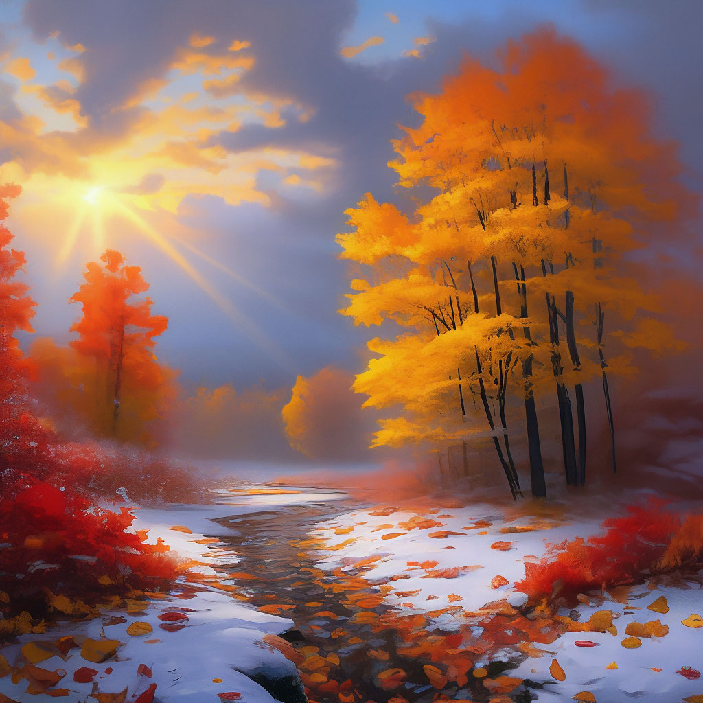 "The first snow in late autumn, mixed with yellow, red foliage. Weak ...