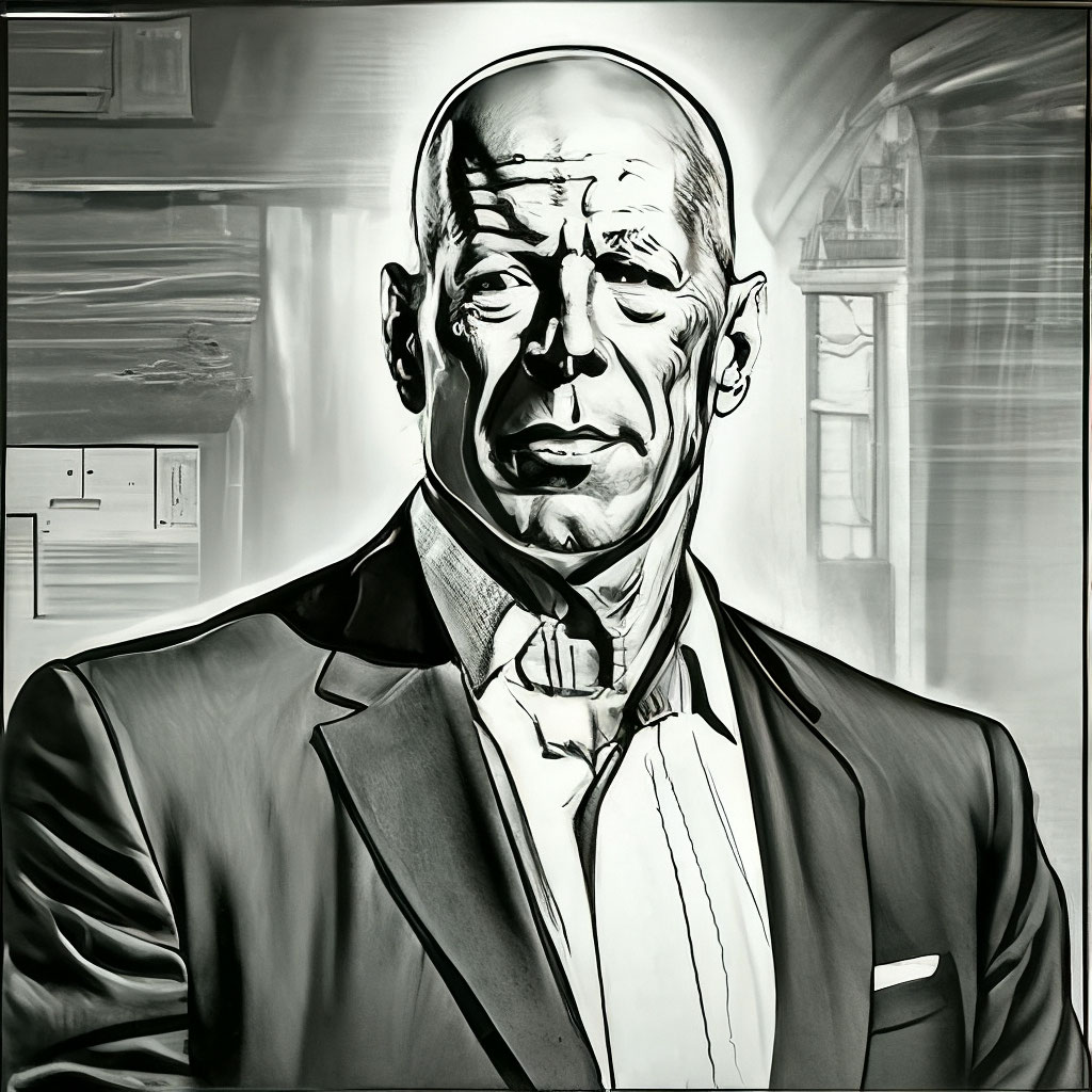 "Bruce Willis pencil cartoon, black and white outline" — image created ...