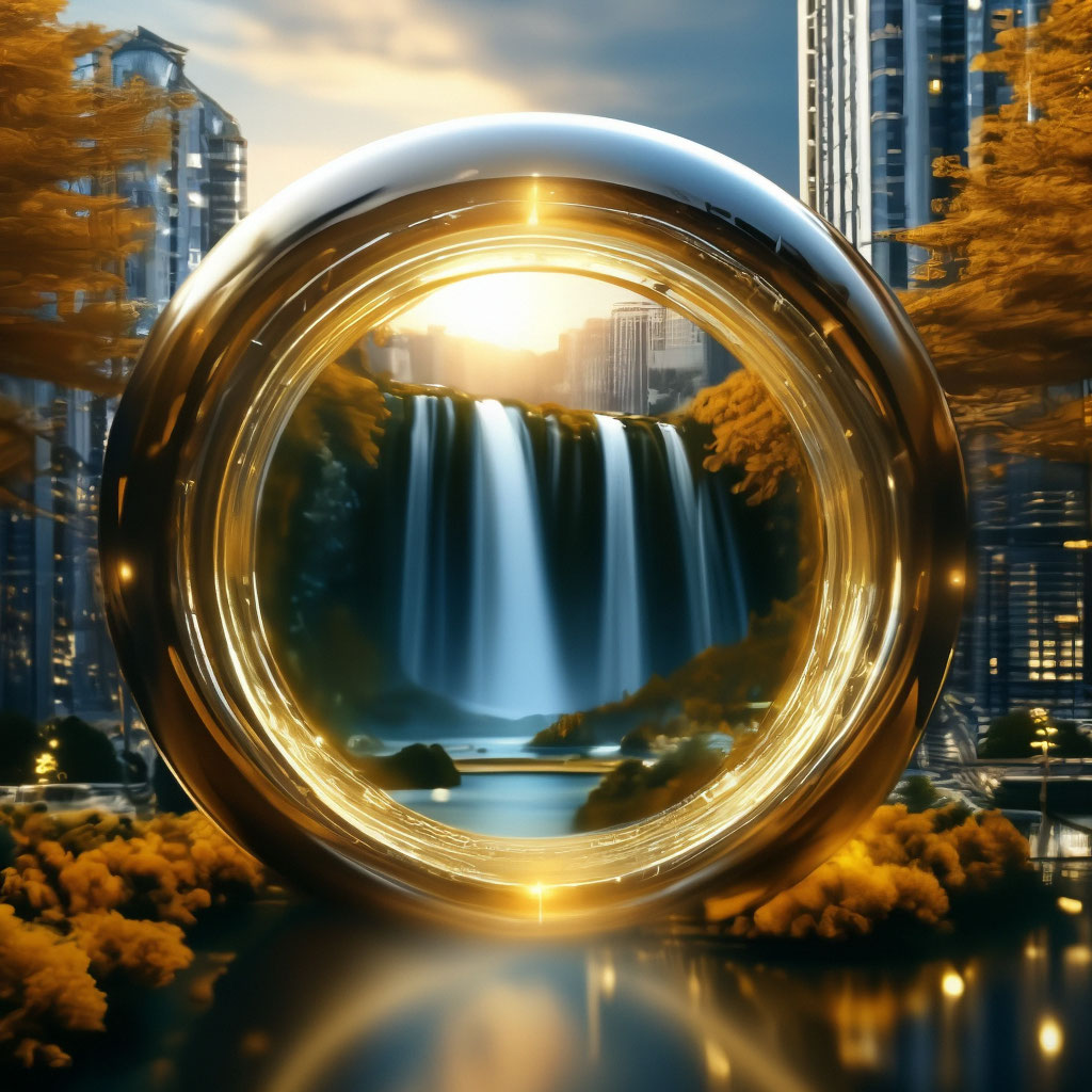 "Portal from the city to a fabulous waterfall, sphere, effect was ...