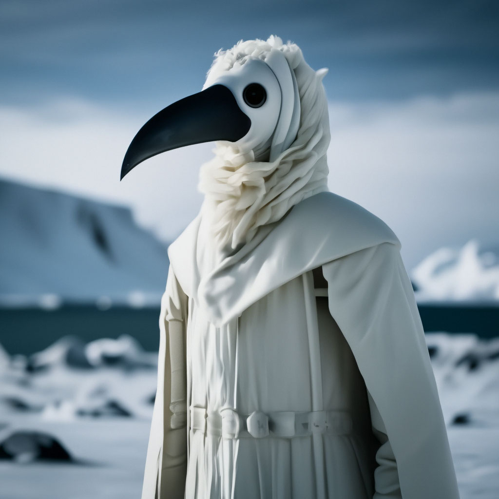 "A tall white mutant bird similar to the plague doctor in Antarctica ...