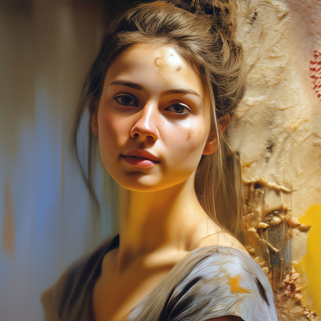 "Portrait of a young woman, oil board, aged, dull faded paints, cracks ...
