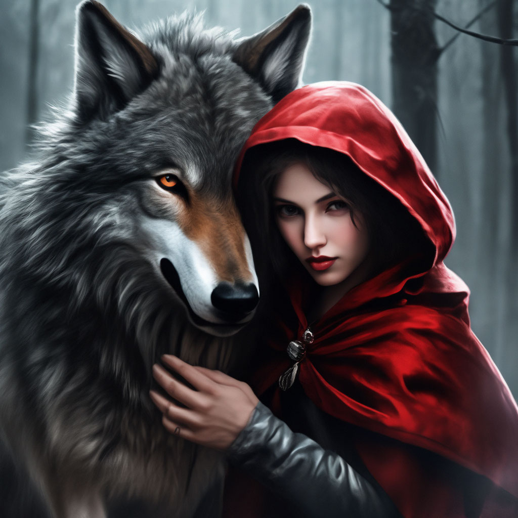 "Wolf, gray, cunning, Little Red Riding Hood hugs him,hugs the wolf ...