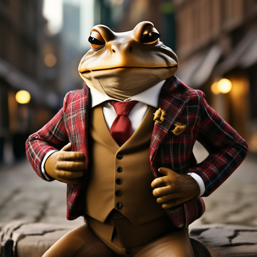 "Mr. Toads, an anthropomorphic toad with a big belly, in a woolen plaid ...