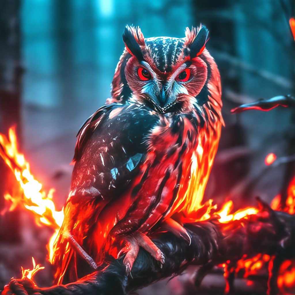 "A beautiful fiery owl in an absolute dark night forest, withers ...