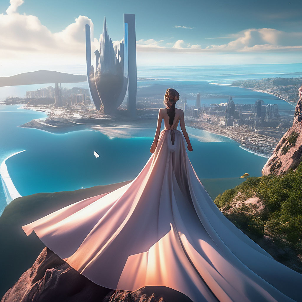 "A photo of a futuristic queen in a high angle, standing on top of a ...