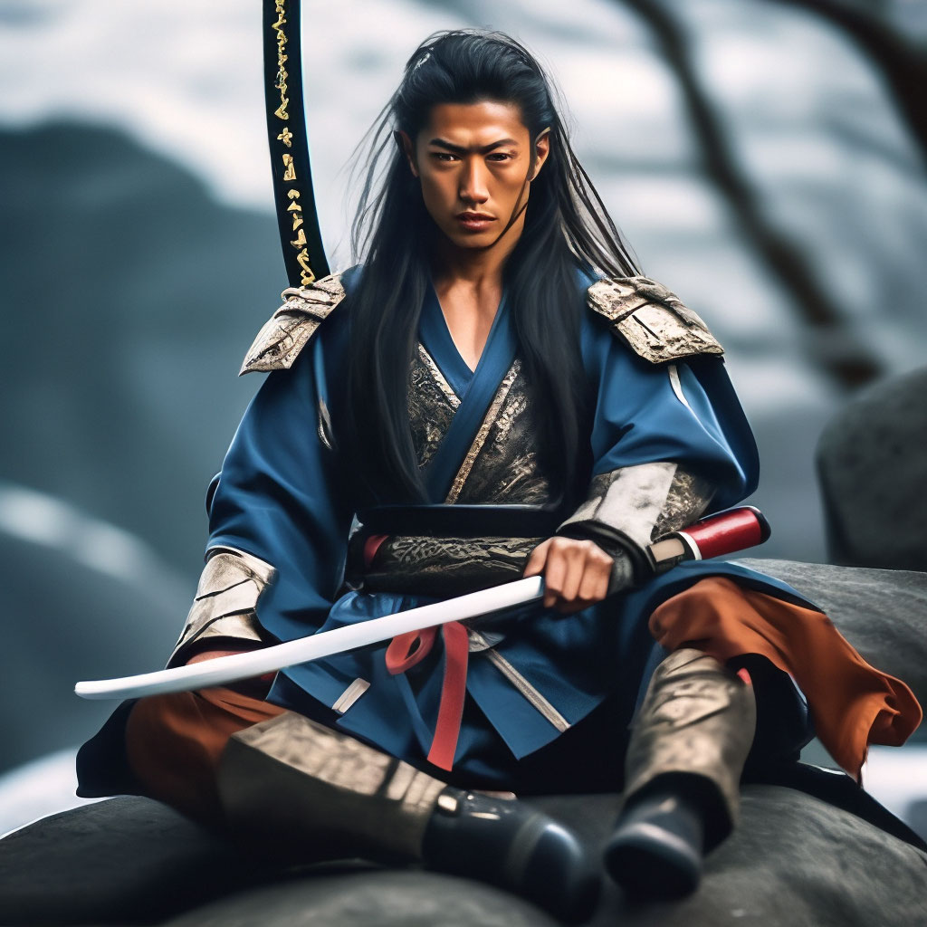 "Samurai with a weapon on a rock sitting in a lotus position, long hair ...