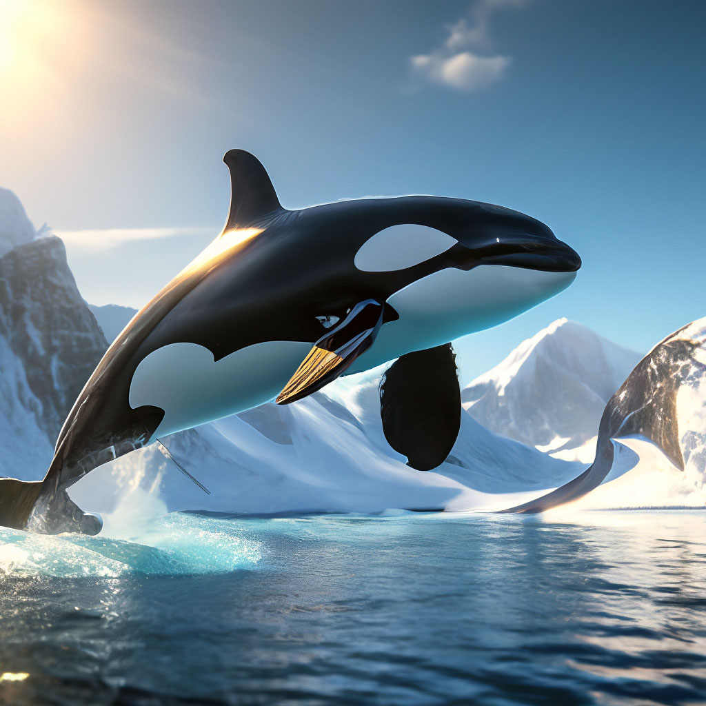 "Orca. iceberg. sea. bright sun. refined and filigree, hyper realistic ...
