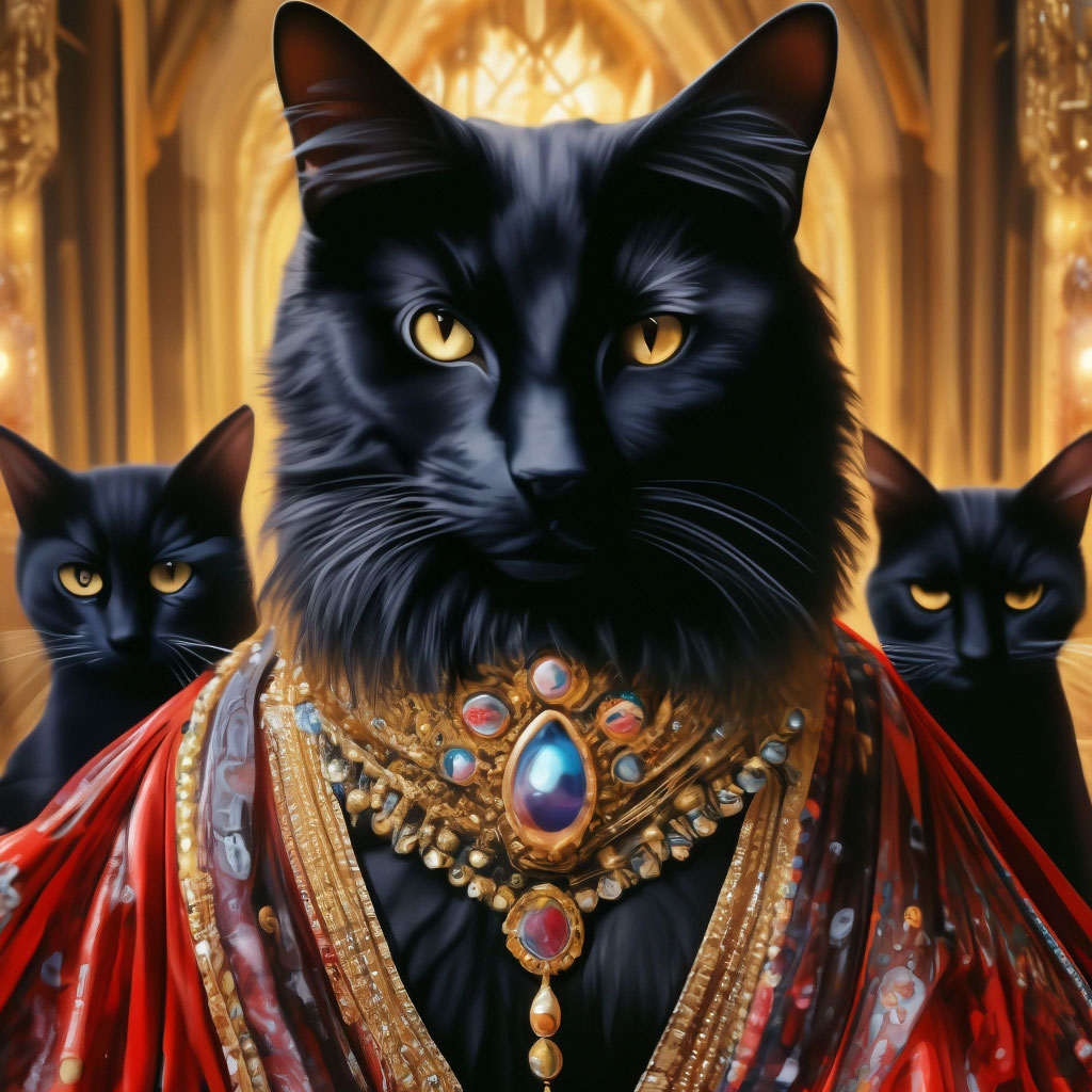 "Black cat -raja, around him cats in oriental dresses of dancers ...