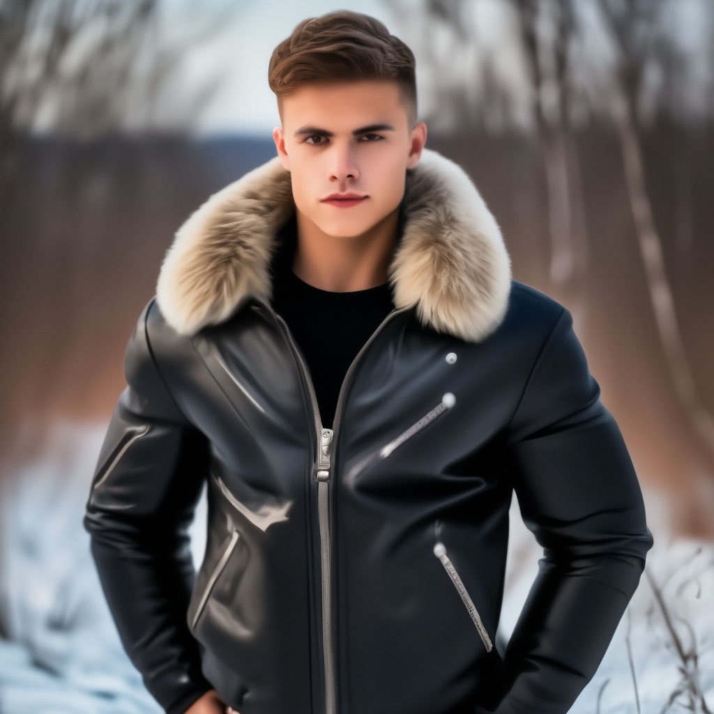 "A young guy is a good bodybuilder in a winter thick leather jacket ...