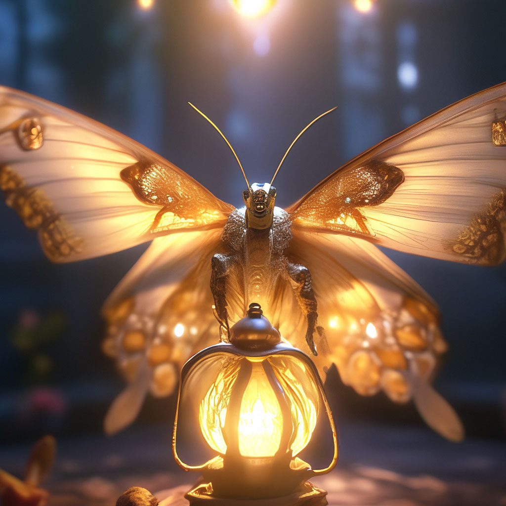 "Anthropomorphic moth with angel wings flies to the light from a ...