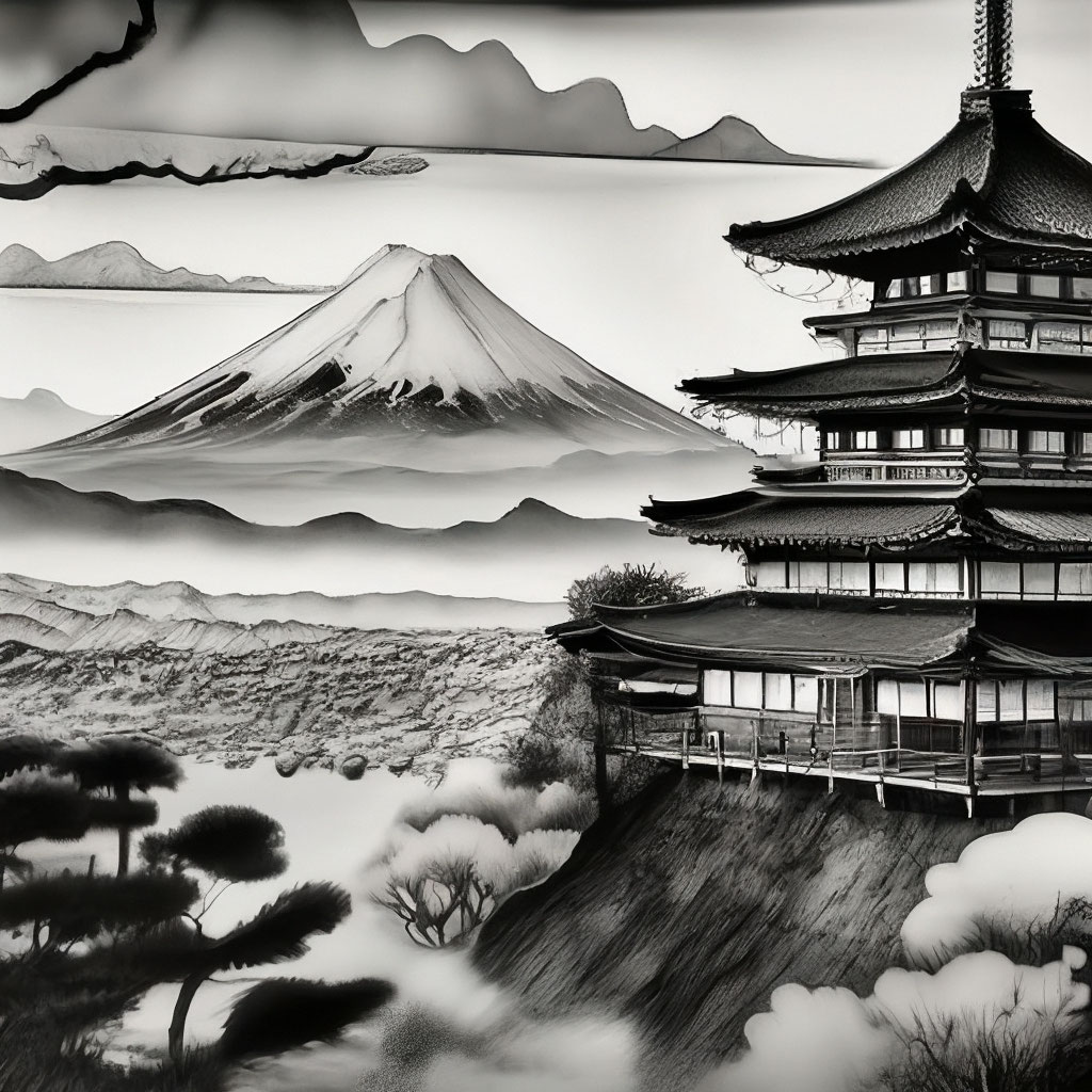 "Fujiyama. A view in the style of a Japanese miniature. Ink, watercolor ...
