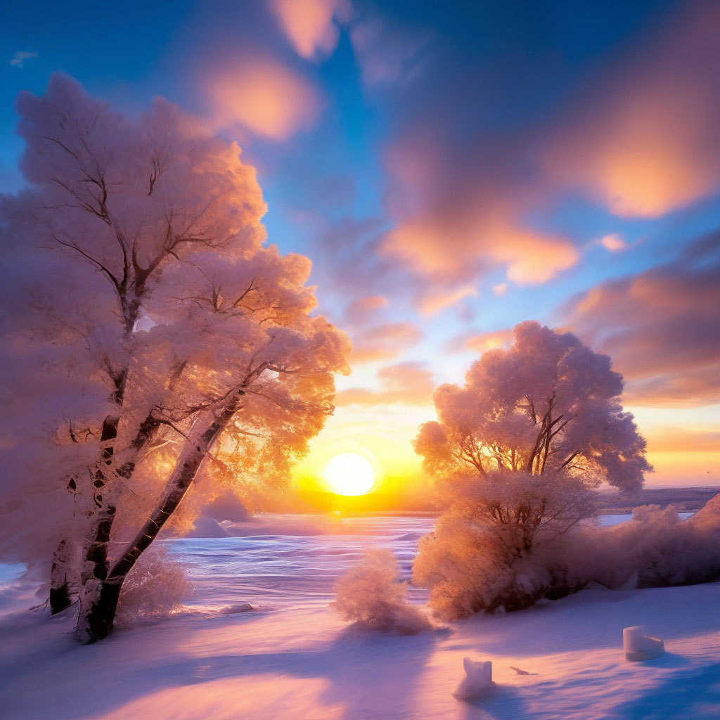 "Fantastic winter, white fluffy clouds on the trees, the dawn of the ...