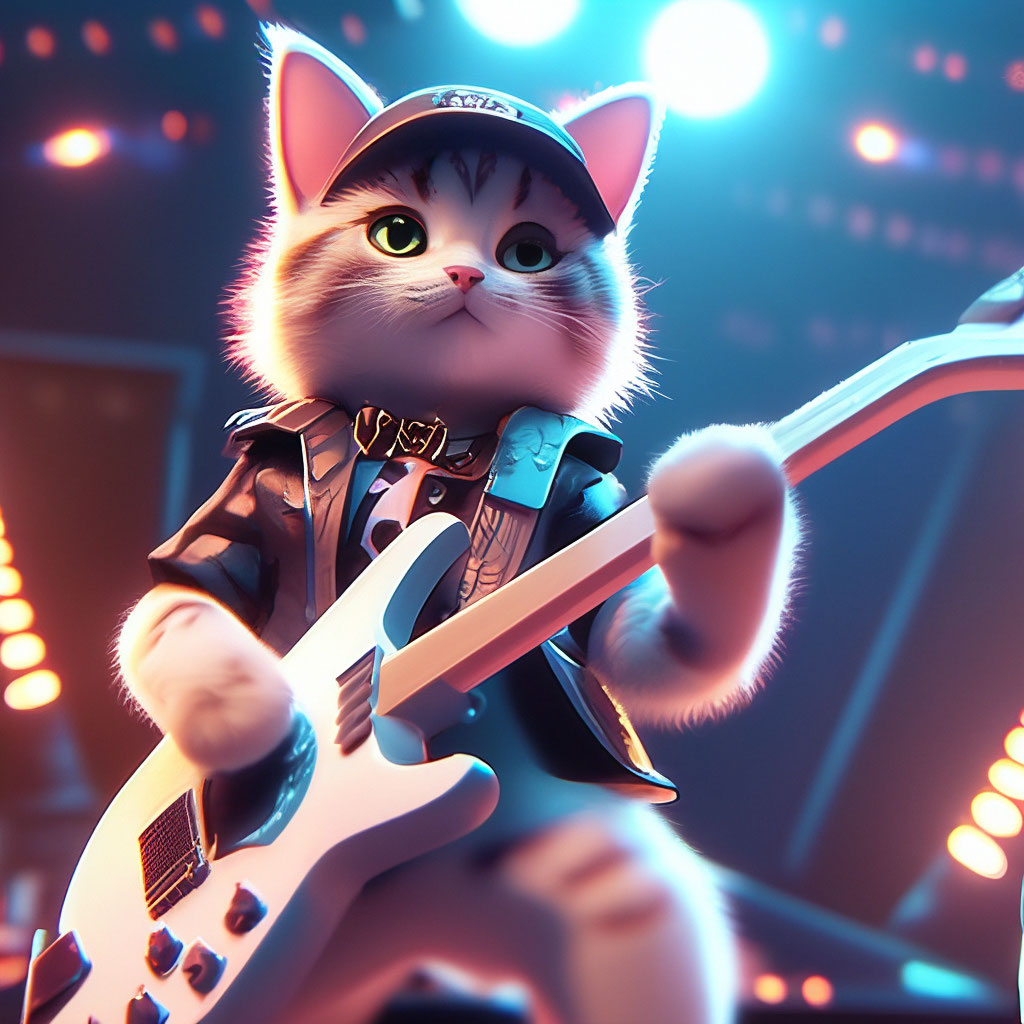 "Cat-rock star, on stage with guitar, 4k" — image created in Shedevrum