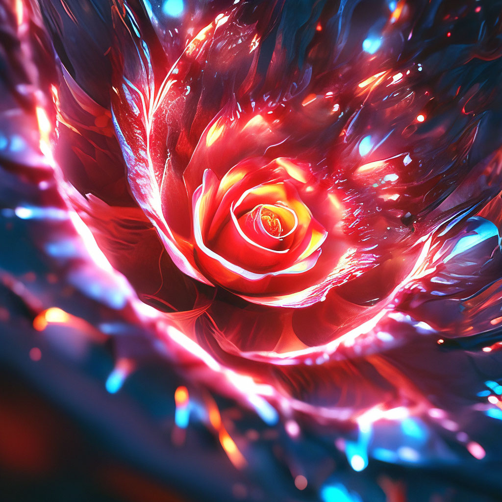 "A realistic scarlet rose flower, a long curving stem with sharp thorns ...