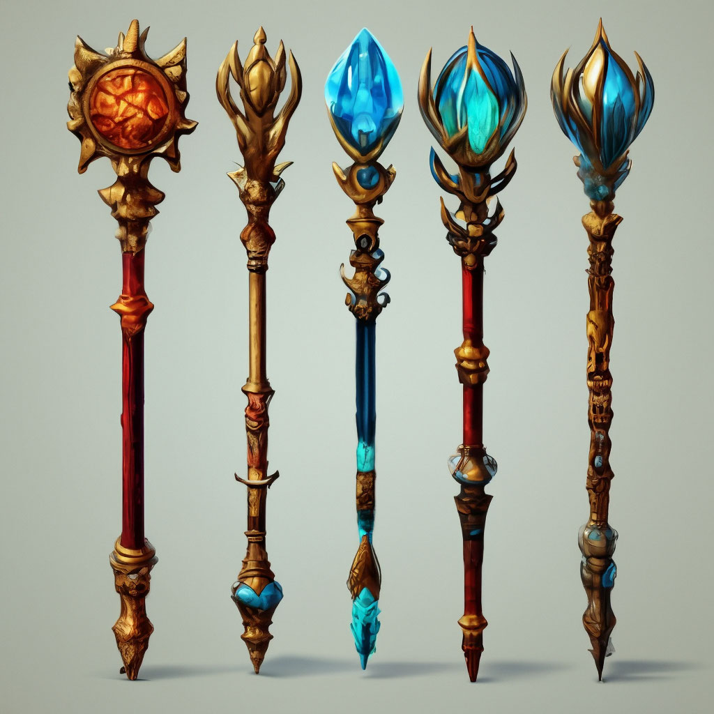 "Isometry concept art staffs of different shapes and sizes fantasy ...