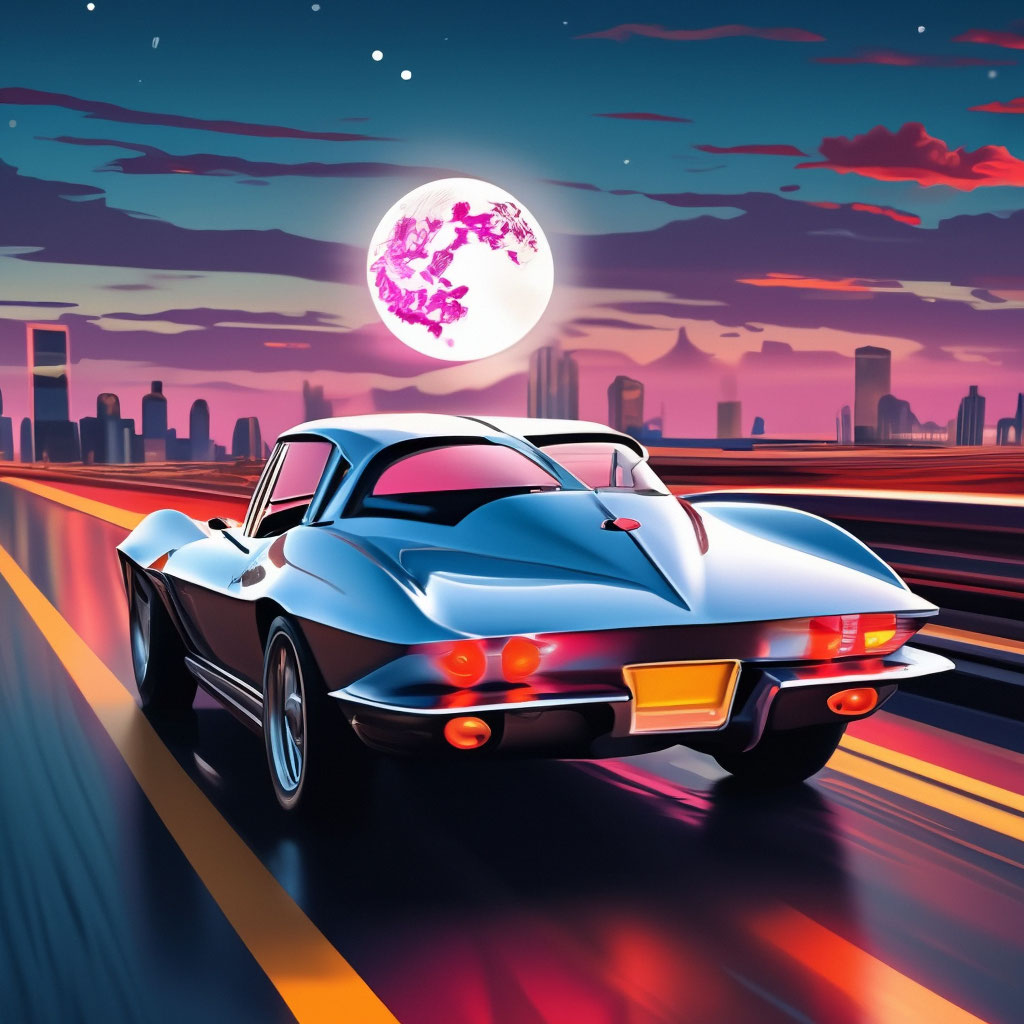"Vector graphics in Synthwave styles. A silver-colored Chevrolet ...