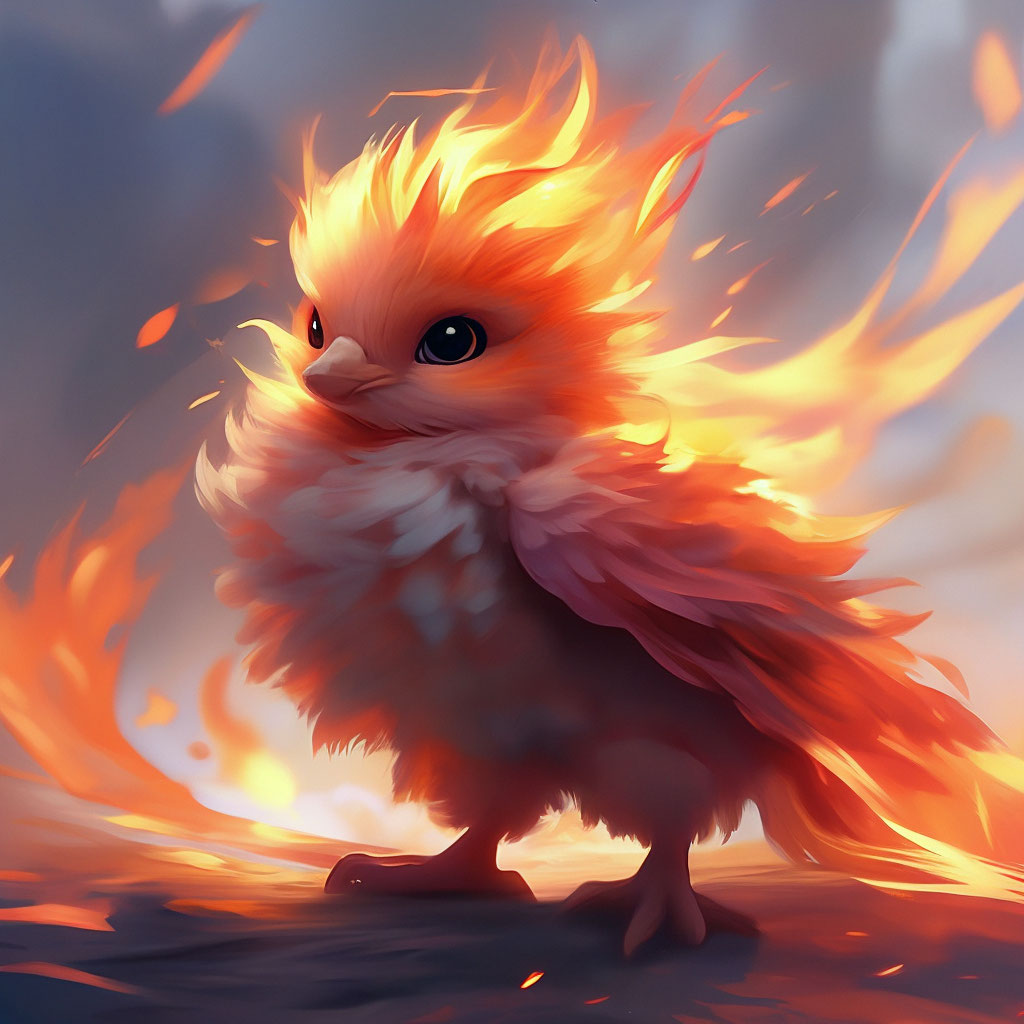 "Fluffy fiery phoenix chick" — image created in Shedevrum