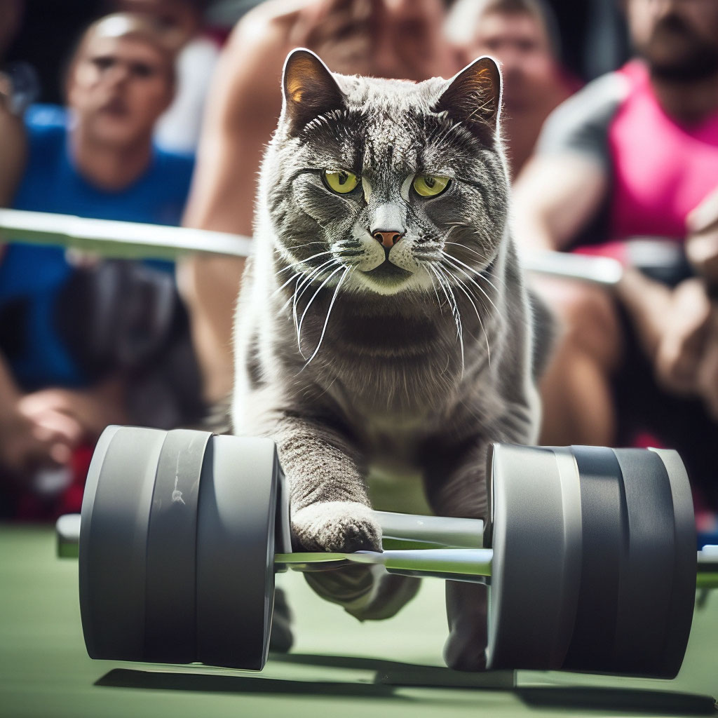 "The cat lifts a huge barbell and all the people are looking at him ...