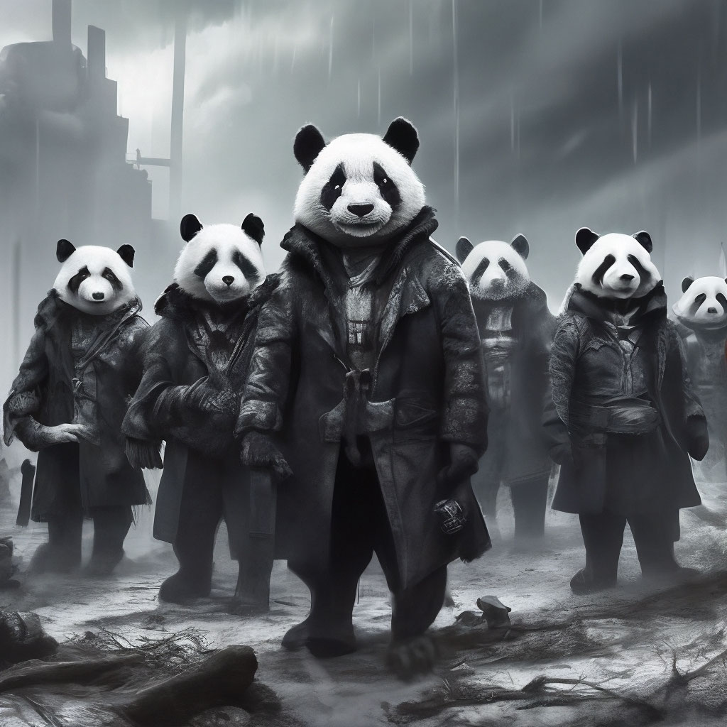 "A gang of pandas in black clothes" — image created in Shedevrum