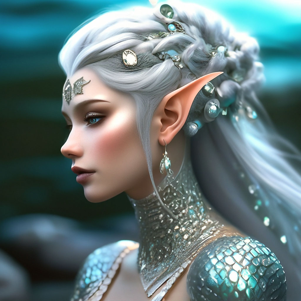 "The symbiosis of an elf and a mermaid, side view, silver hair,large ...