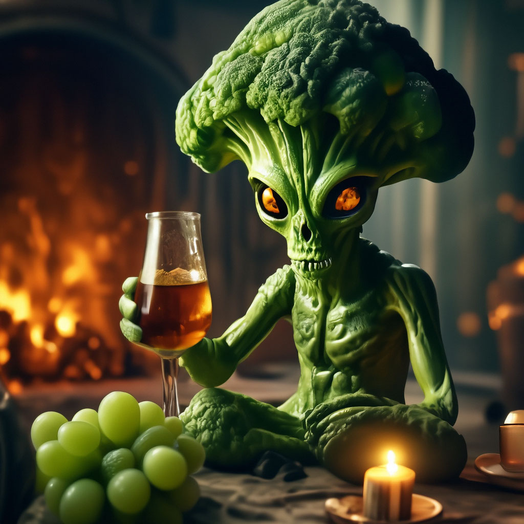 "Alien humanoid broccoli sits with a bottle of rum by the fireplace and ...