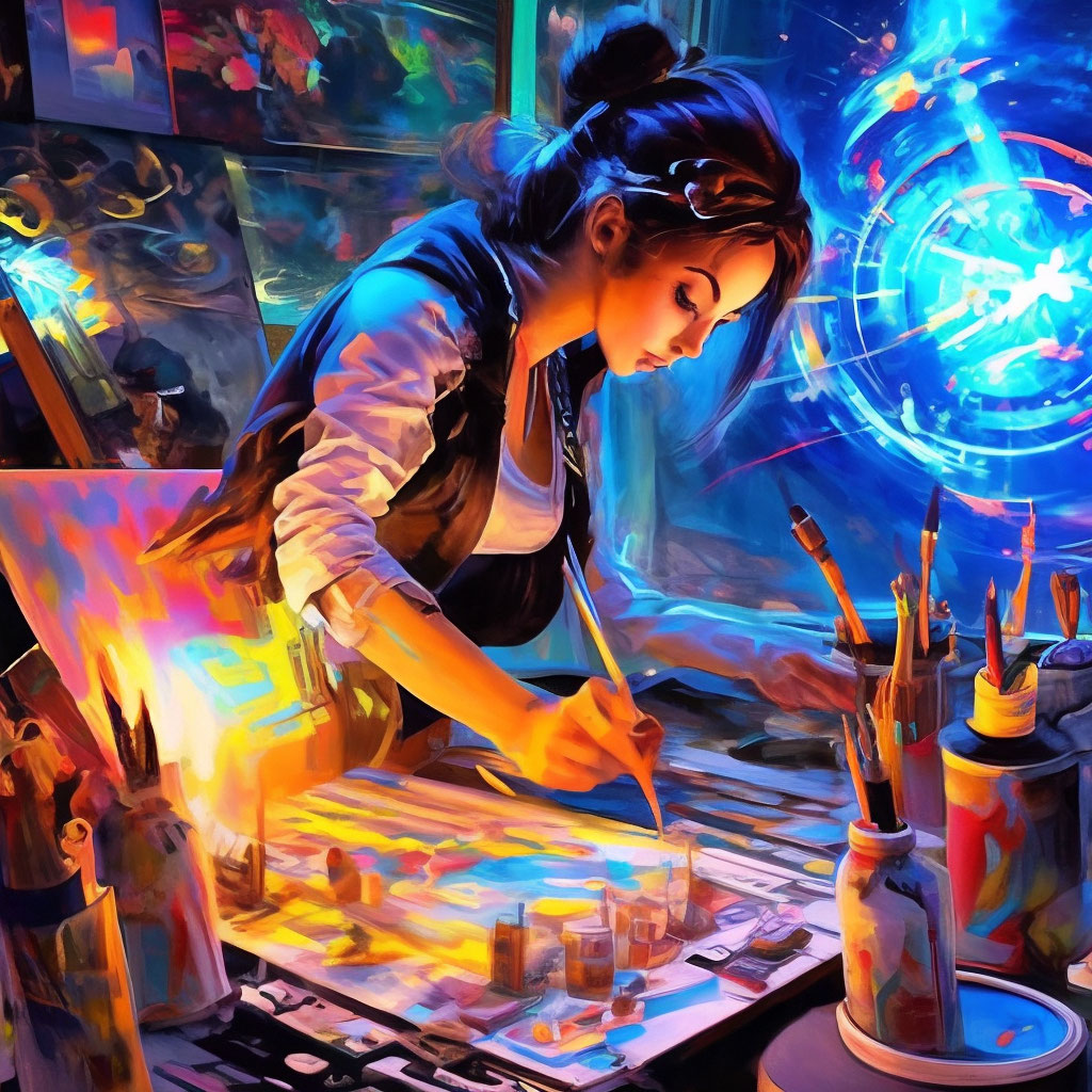 "Paints in masterpieces" — image created in Shedevrum