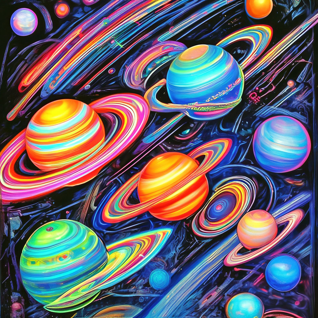 "Bouquet of planets of the Solar system, painting with the finest neon ...