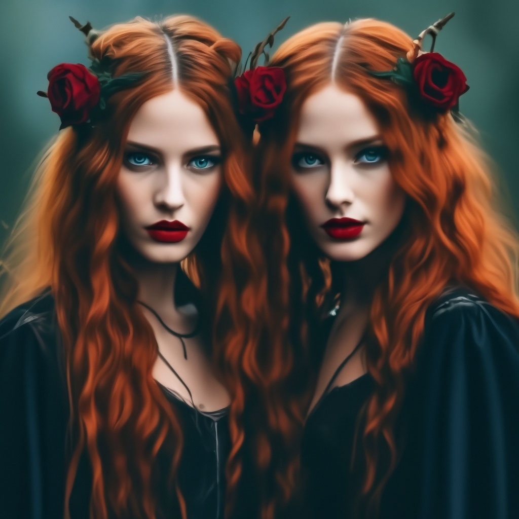 "Dark fantasy. twins. two identical young red-haired witches. red lips. black…" — image created ...