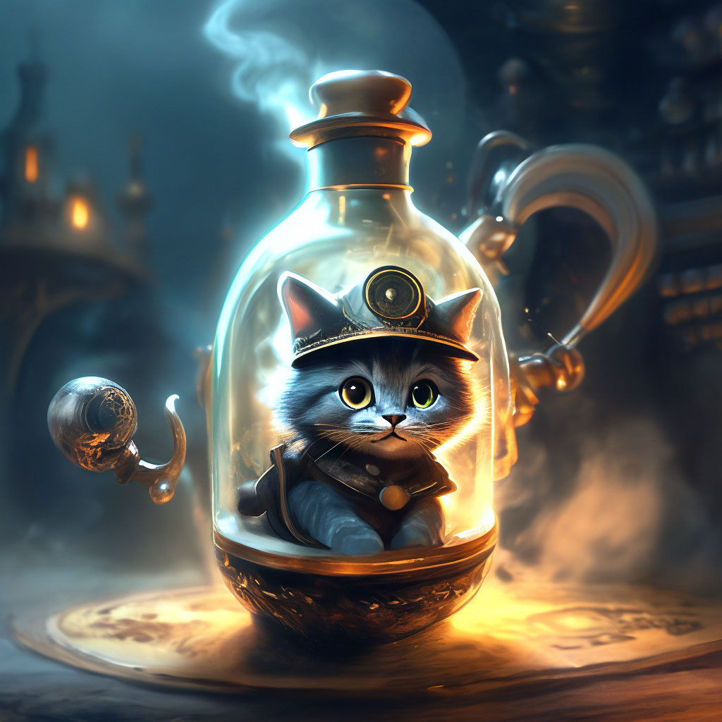 "A bottle is flying and there is steam everywhere and there is a cat in ...