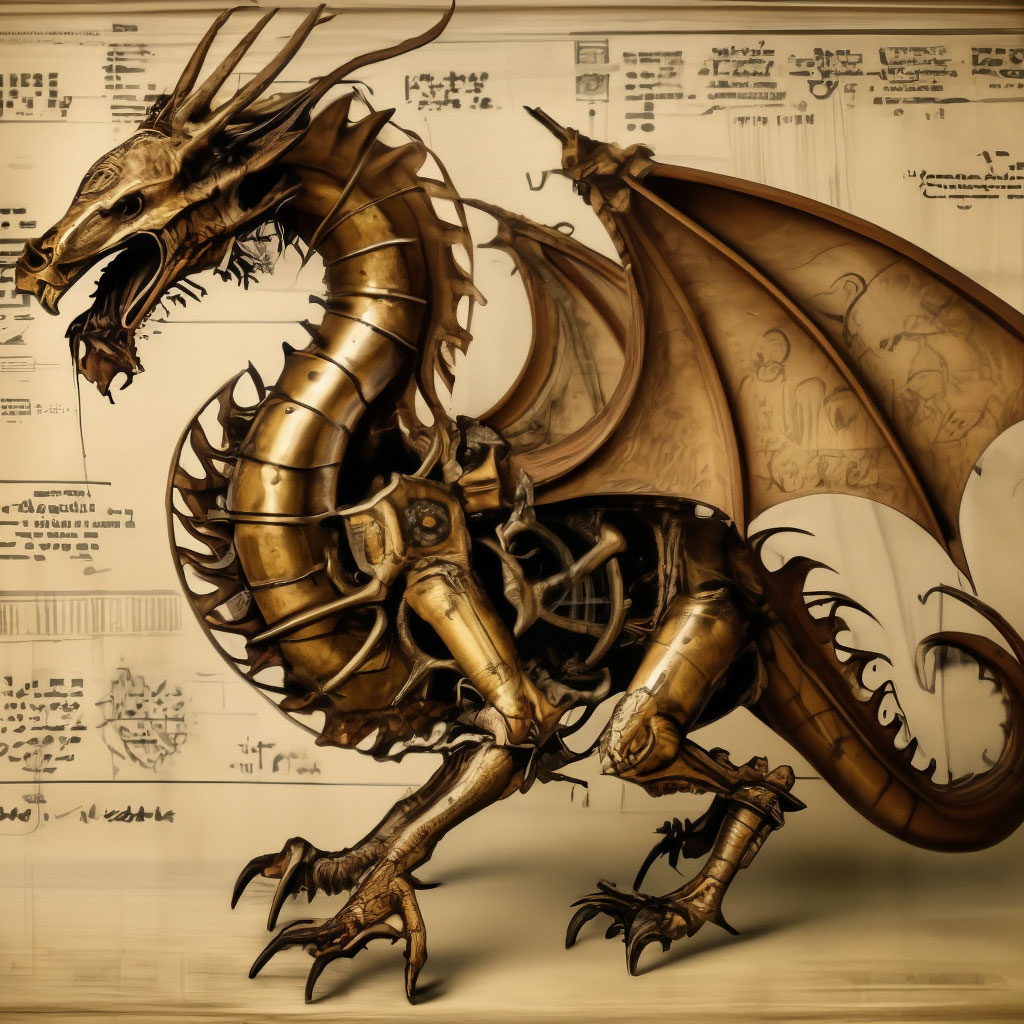 "Da Vinci's drawing of the dragon mechanism" — image created in Shedevrum