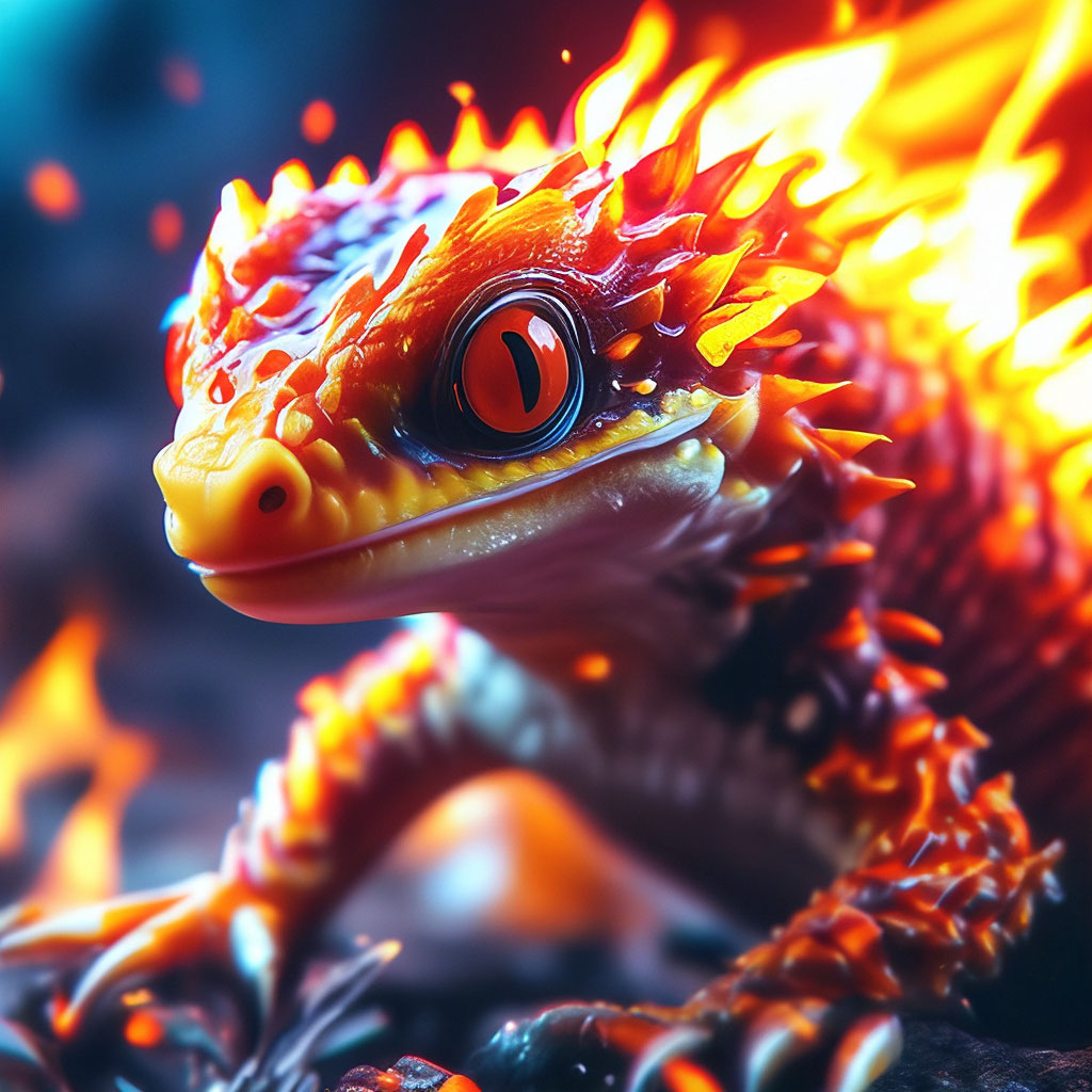 "Fire salamander, digital art+anime, flame, sparks,smoke, aesthetically ...