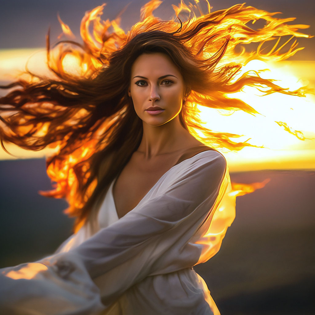 "The sun in the hands, fire goddess, wind hair, photo session ...