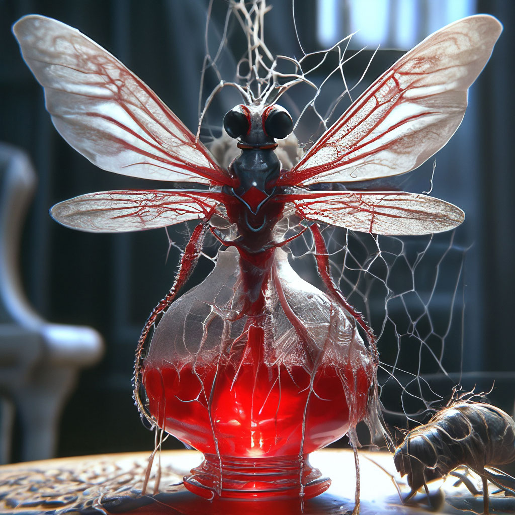 "On a skeletal chair, an anthropomorphic graceful fly, a scarlet flask ...