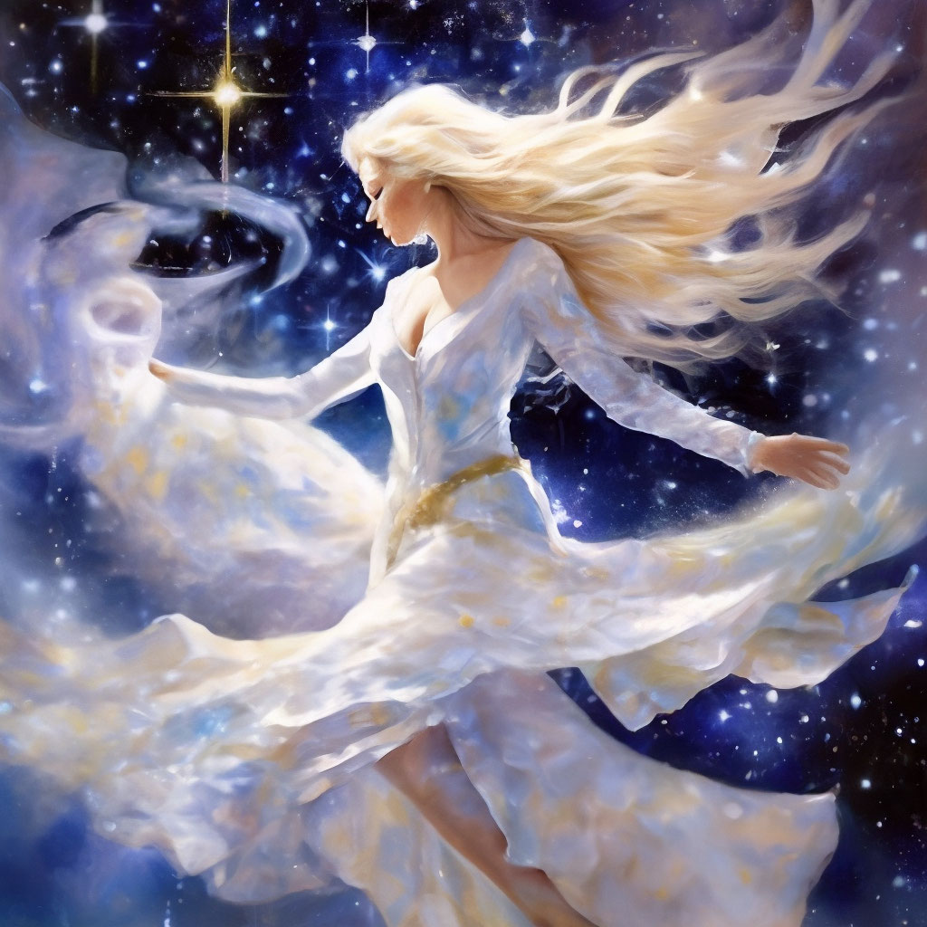 "Watercolor madness, white chaos of acrylic, long-haired blonde in ...