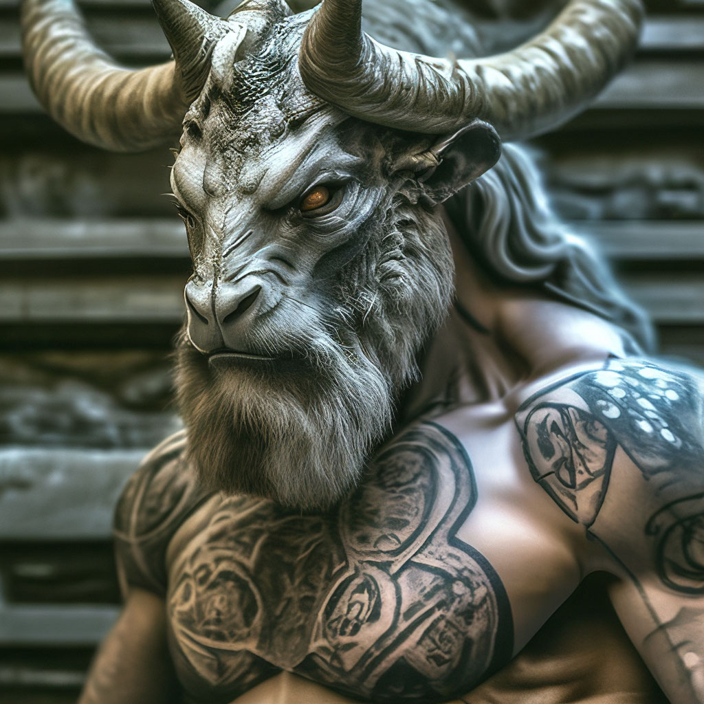 "Minotaur, ancient greece, hyperrealism, full height, tattoos, body art ...