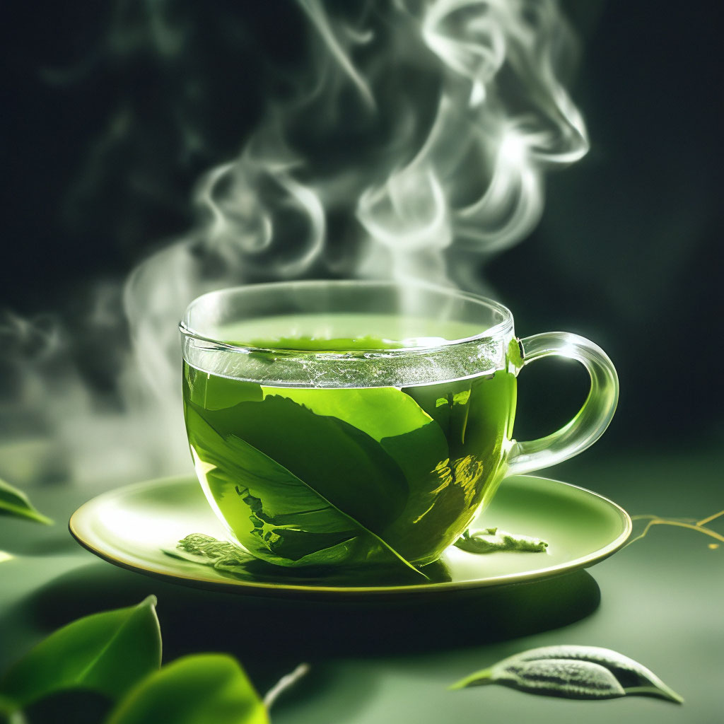 "Hot leafy green tea. Green, voluminous, golden lines, studio ...