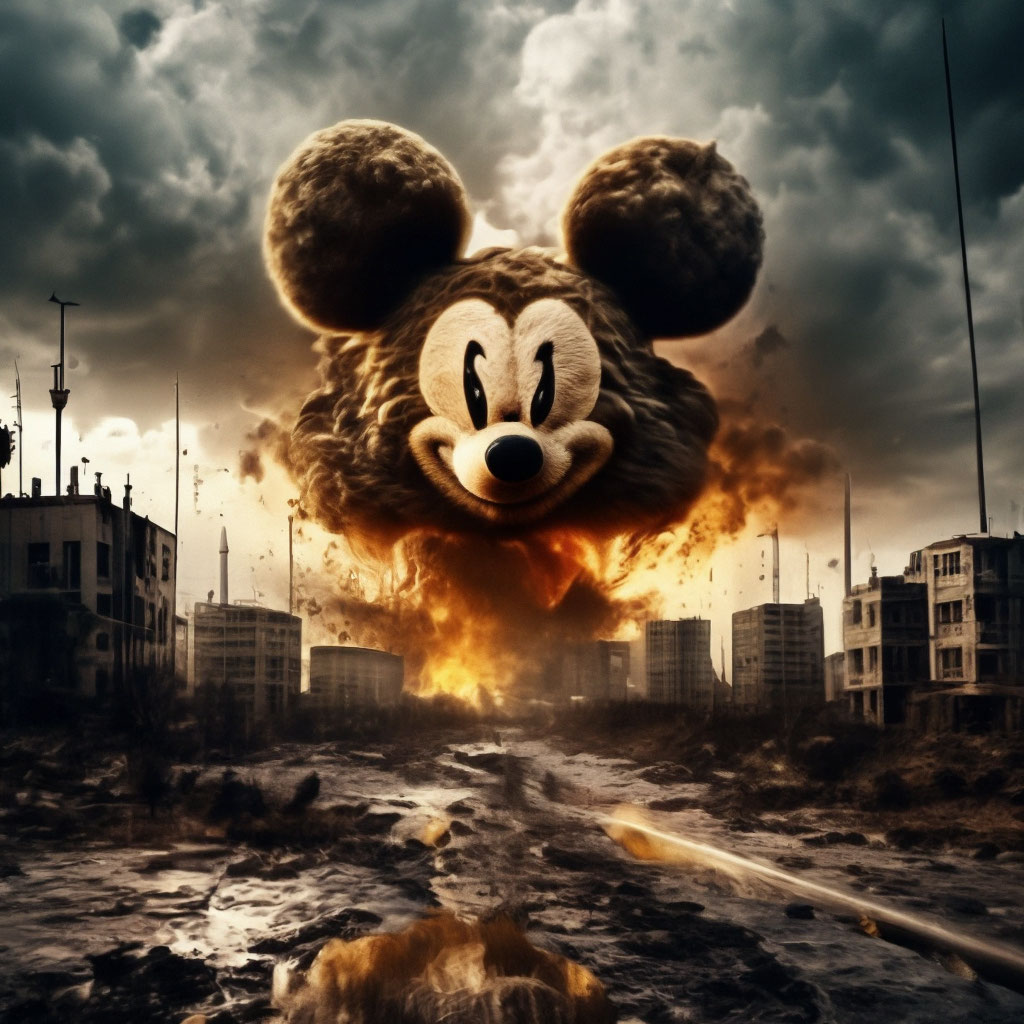 "A nuclear explosion in the form of Mickey Mouse" — image created in ...