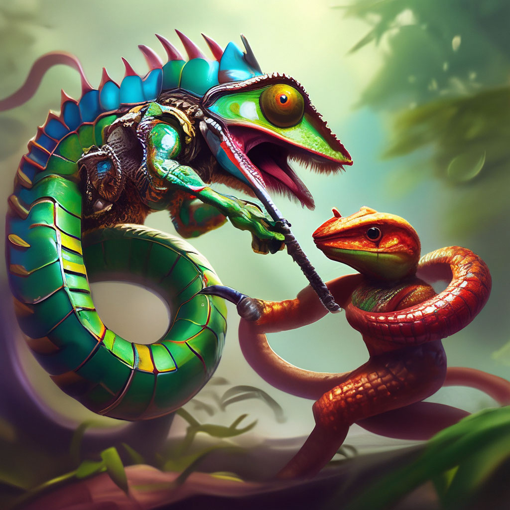 "A mechanical chameleon fighting a snake" — image created in Shedevrum