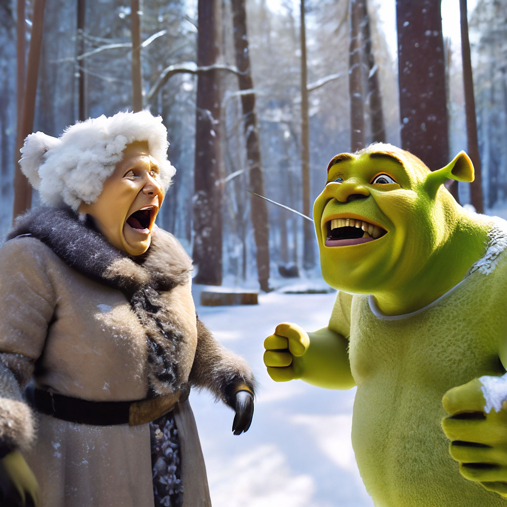 "Shrek yells at grandma and yells at the forest, frosty, sunny winter ...
